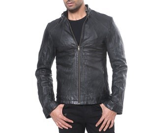RIBBED Men's Leather Jacket Black Lambskin Layered