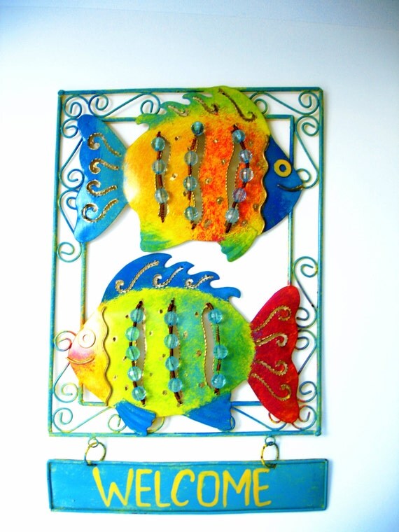 Welcome sign fish sign two fish fishes garden decor