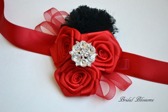 Red Black Chiffon Ribbon Flower Wrist by BridalBlossomsShoppe