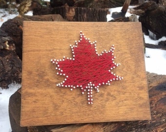Nail String Art - Maple Leaf Outline - Deep Red