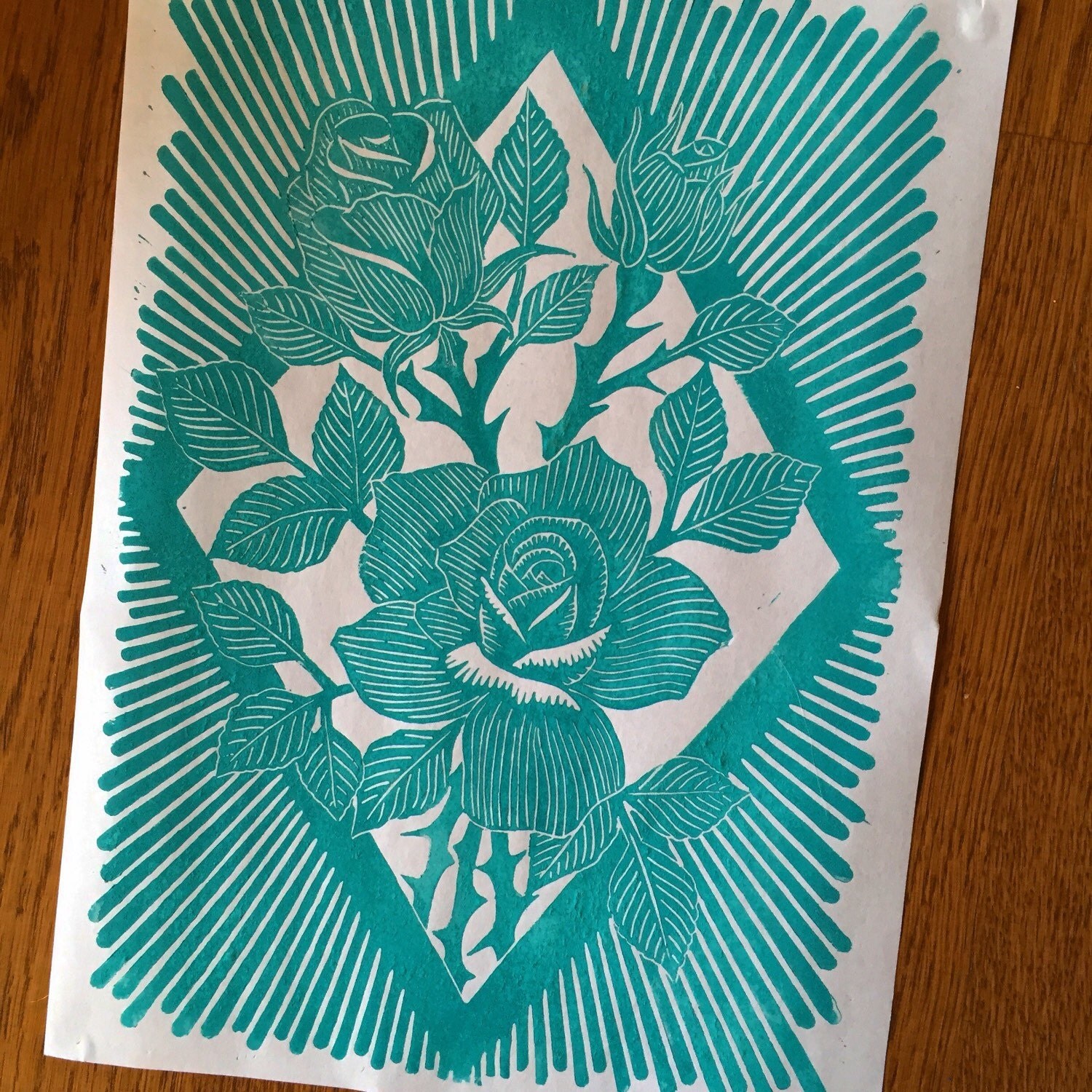 Turquoise roses linocut by JackAnkersen on Etsy