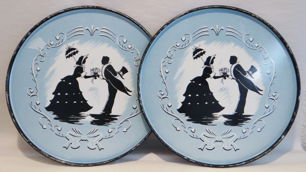 2 Lovely Victorian Vintage Blue Trays Enamel Metal Round Colonial ...