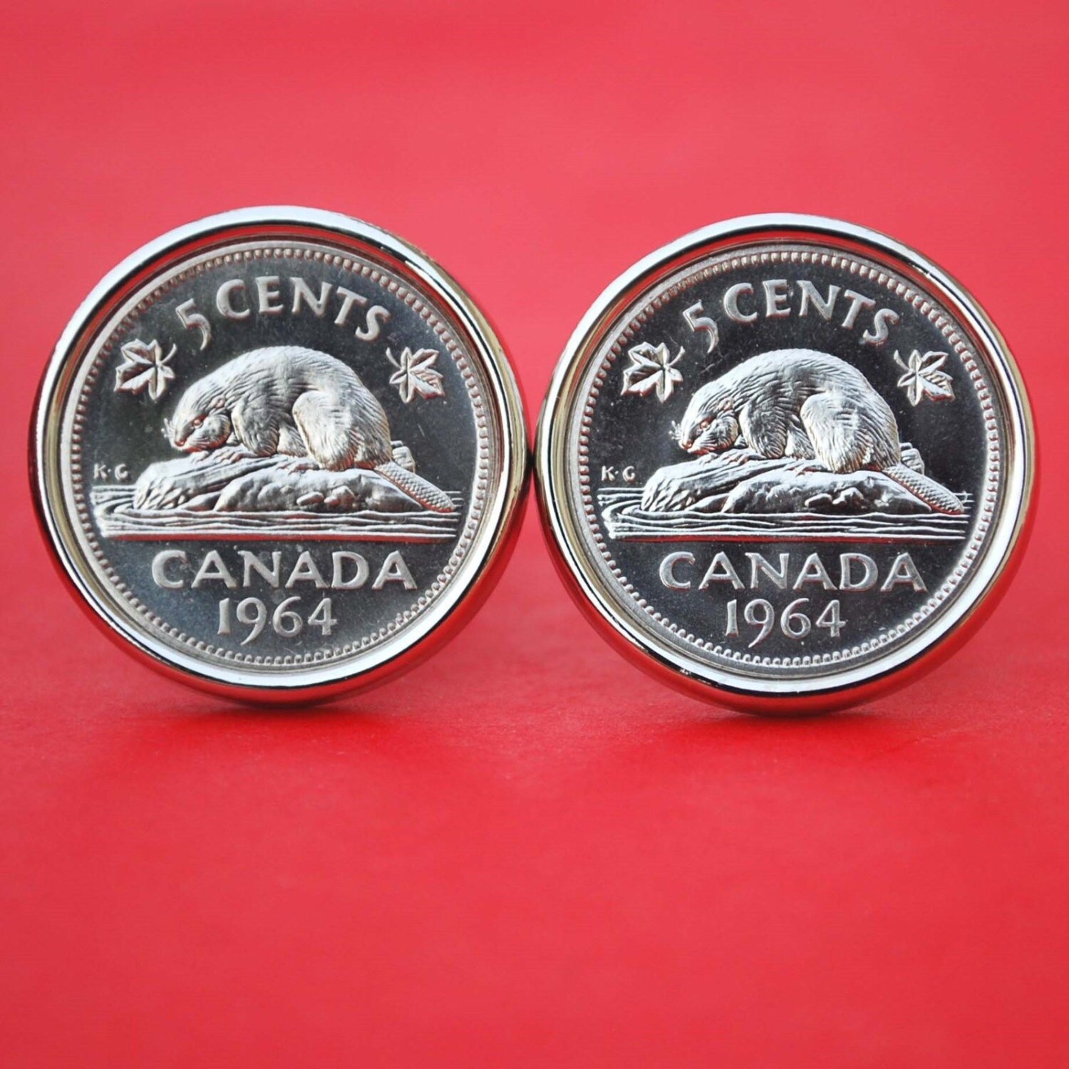 1964 Canada Beaver on Rock 5 Cents Gem BU Coin Cufflinks