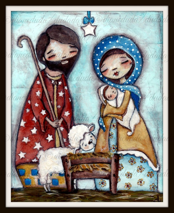 Items similar to Print of my Original Folk ARt , Holiday, mixed media ...