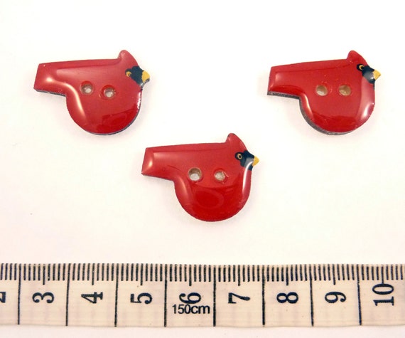 3 Primitive Wooden Red Cardinal Bird Novelty Sewing Buttons.