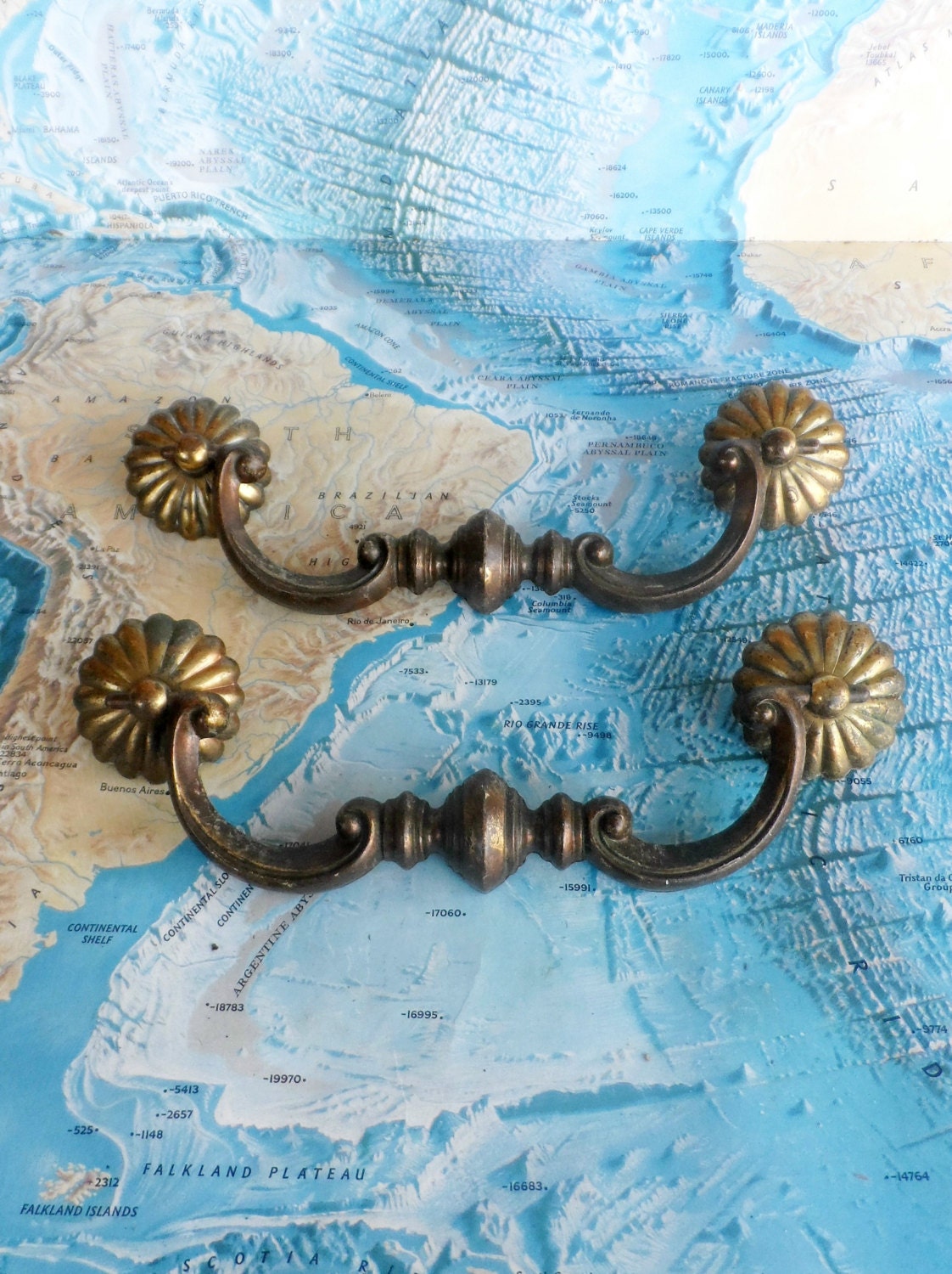 SALE! 2 wide heavy brass and metal bail pull handles with rosette end ...