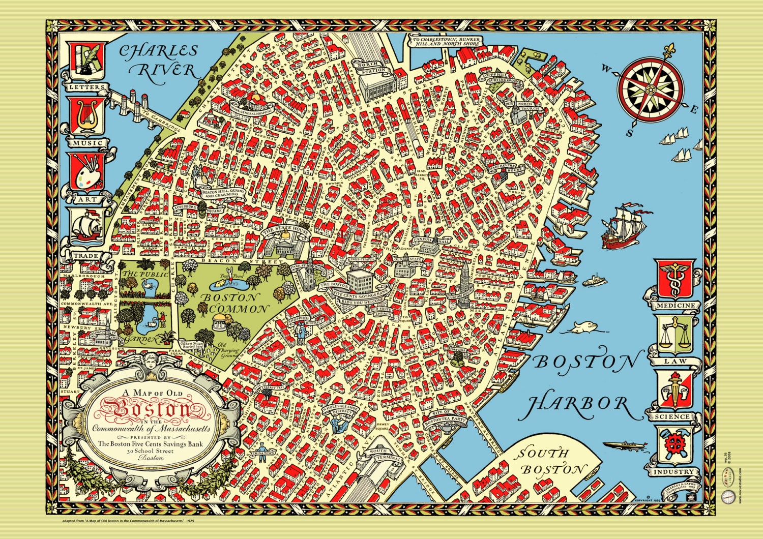 Boston Downtown 1920 Map Poster Vintage Charles River North