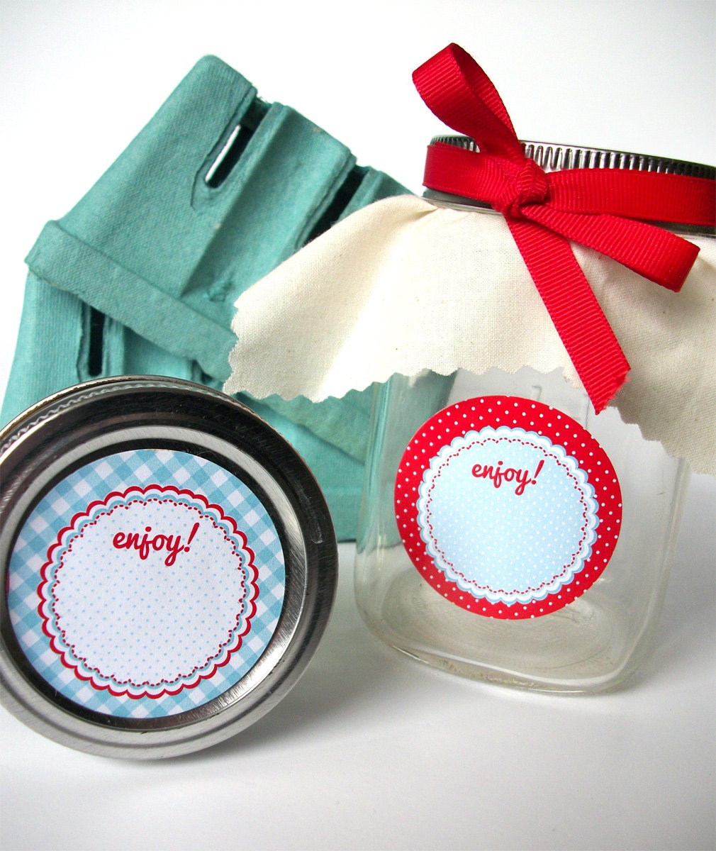 Cottage Chic Red & Blue canning jar labels gingham polka dot