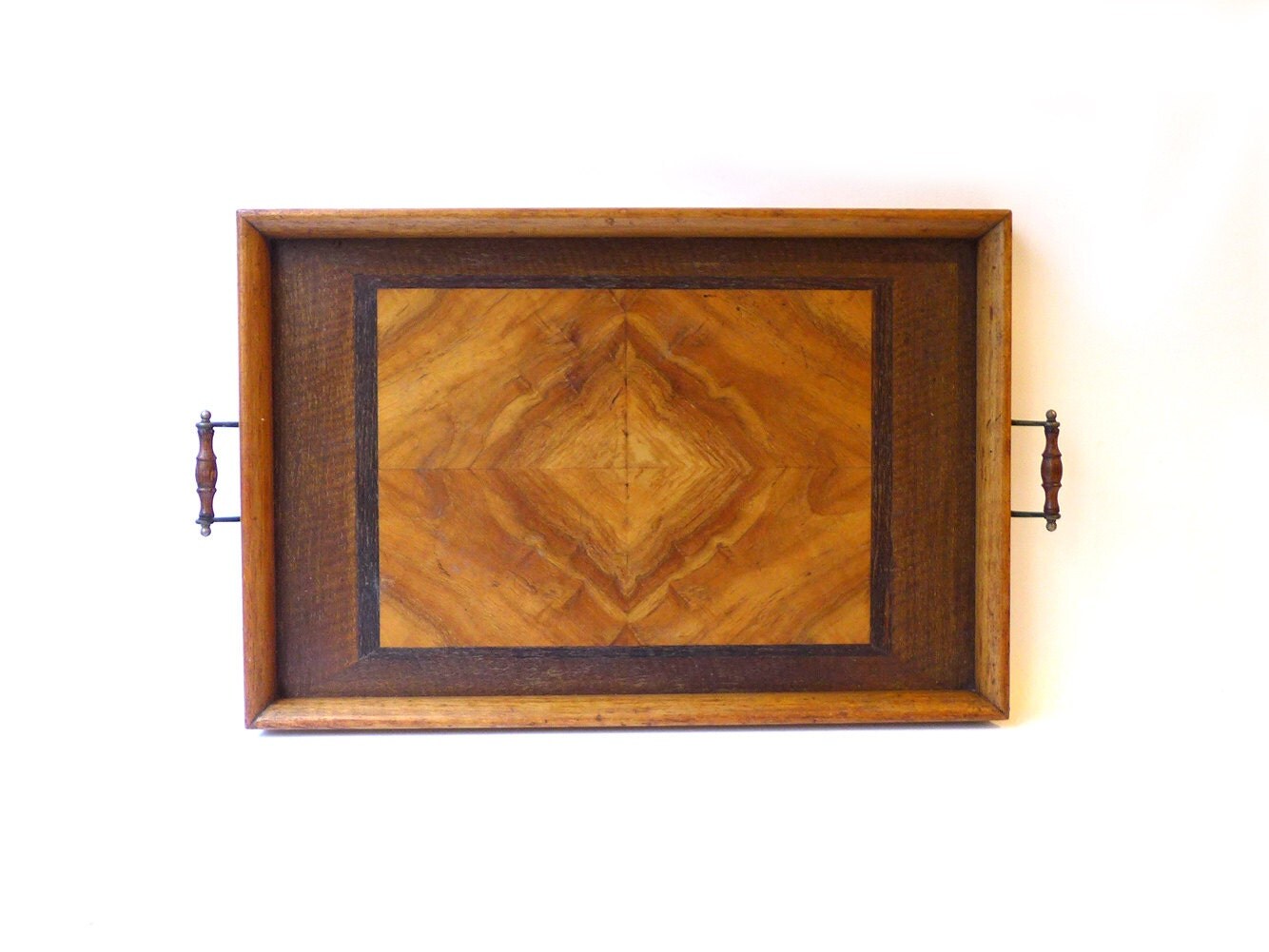 Vintage mid century large heavy solid walnut inlay wood serving tray ...