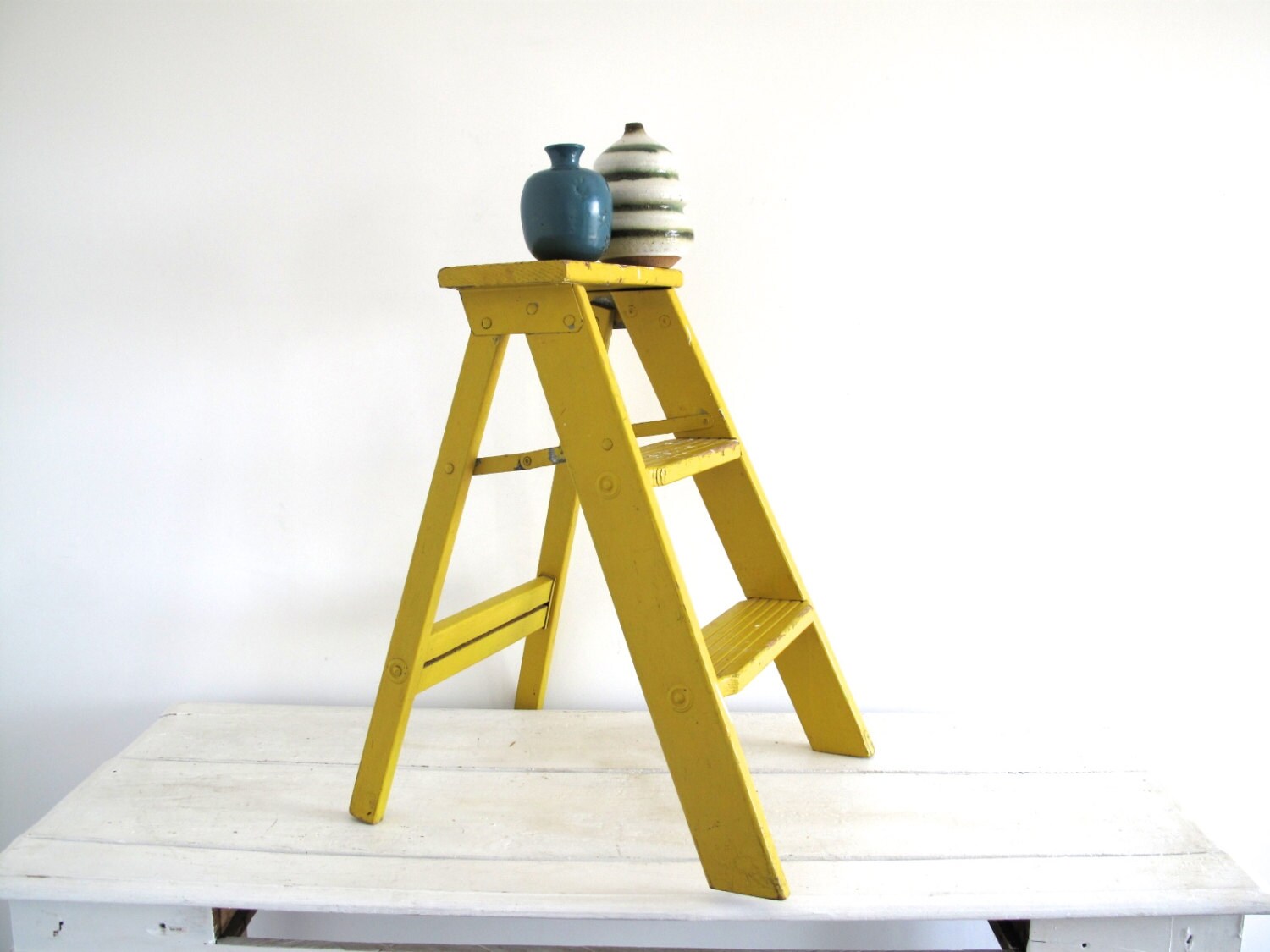 Yellow Step Ladder / Vintage Wood Short Ladder by SnapshotVintage
