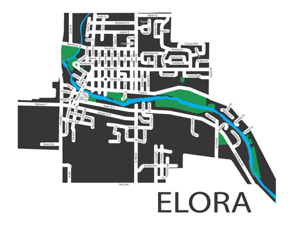 Typographic Map of Elora Ontario by AllOverTheMapStudios on Etsy
