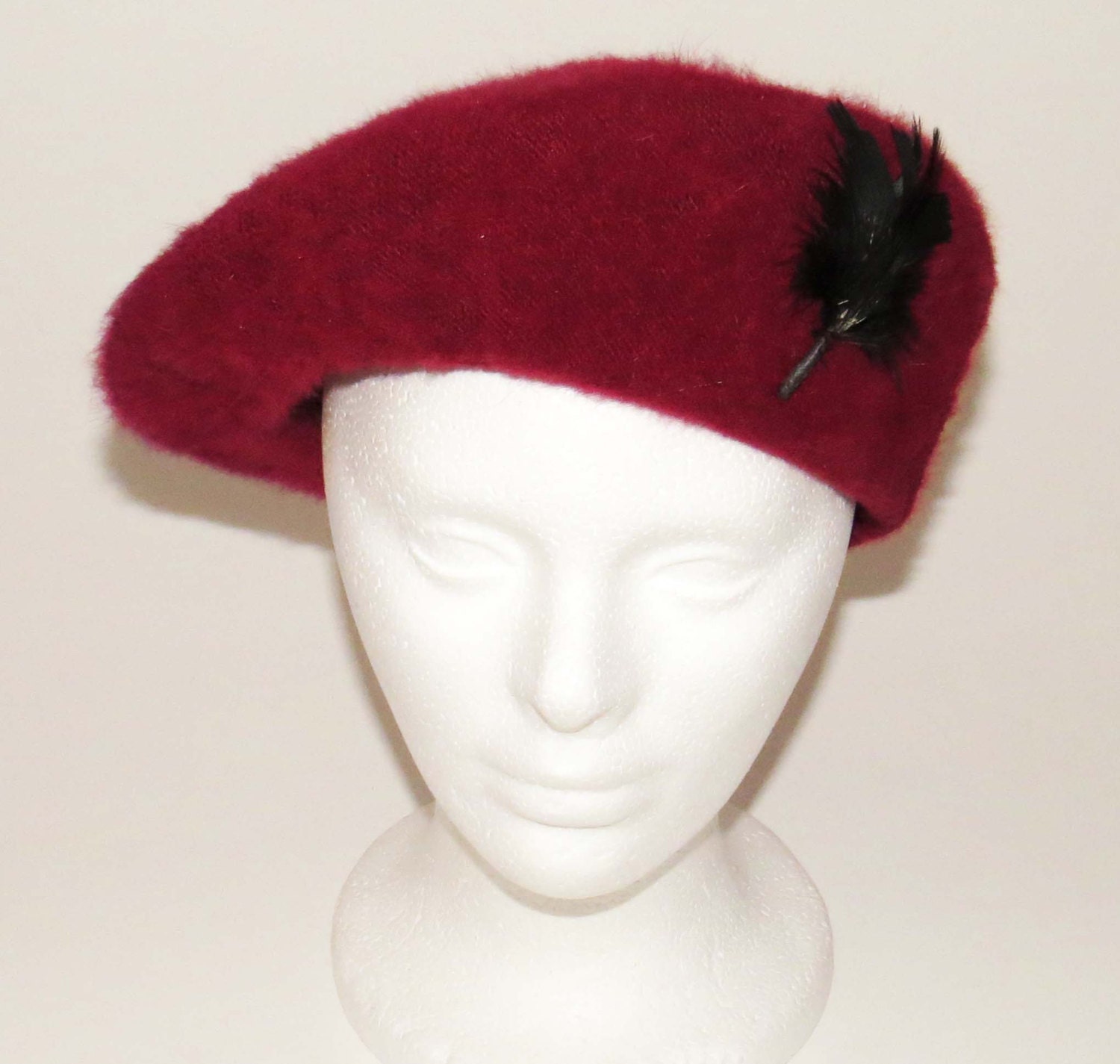 Vintage CRANBERRY ANGORA-WOOL Tam / Beret / Hat / With Feather ...