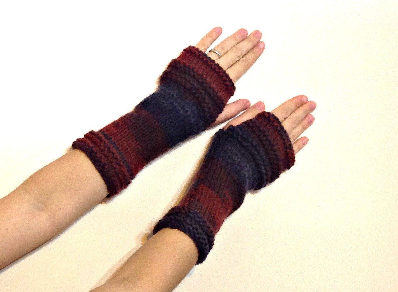 Long Fingerless Gloves Striped Soft Knit Mittens by ForYouDesign