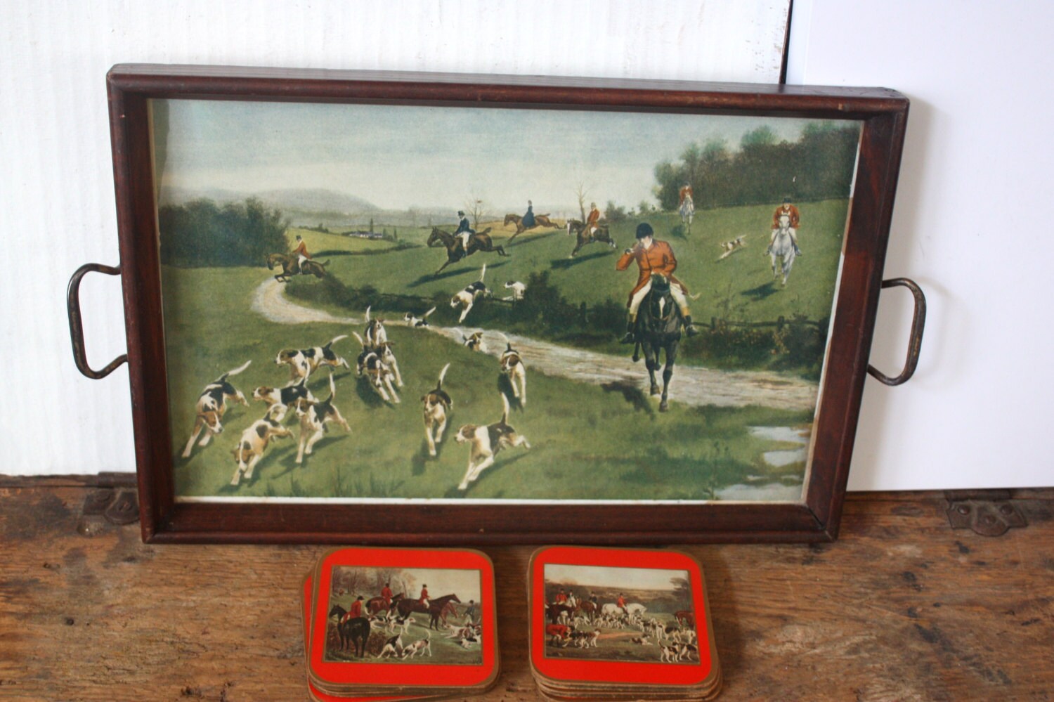 Vintage Hunt Scene Tray with Brass Handles and 6 Cork Hunt Scene ...