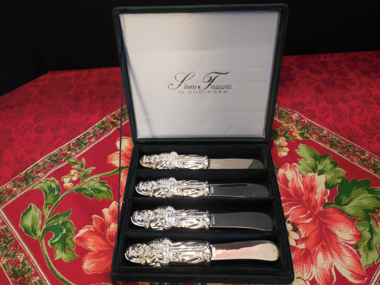Godinger Knife Set- SANTA CLAUS Silverplate Set of 4 Cheese/Butter/Jam ...