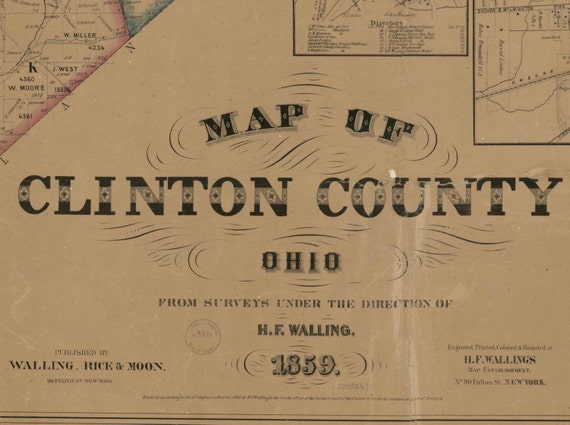 Clinton County Ohio 1859 Old Wall Map Reprint with