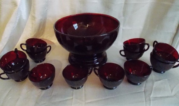 Anchor Hocking Ruby Red Punch Bowl Set / Glass Punch Bowl / Punch Bowl ...