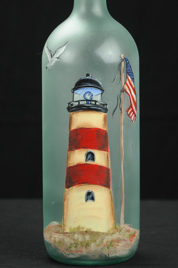 1.5 Ltr. Hand Painted Lighted Wine Bottle/Lamp/ Lighthouse