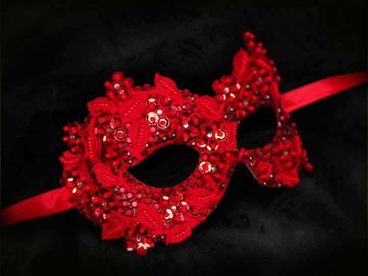 Sequined Red Masquerade Mask With Rhinestones And Embroidery