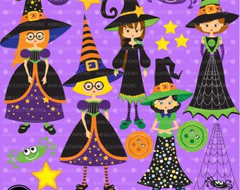 Cute Little Witches Clipart Set