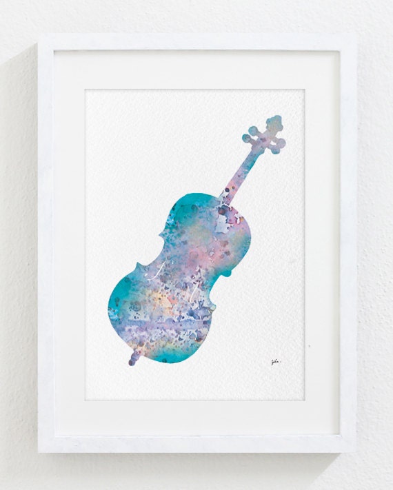 Blue Cello Art Watercolor Painting 5x7 Archival Print