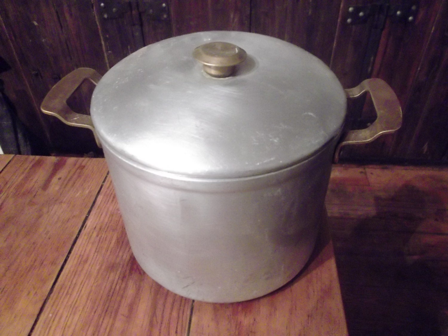 ANTIQUE COOKING POT, aluminium, brass handles, pasta, kitchen , French ...