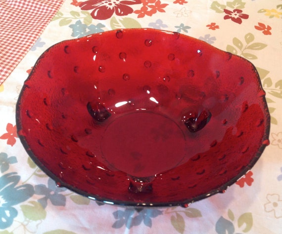 Retro Kitchen Vintage Ruby Red three footed wavy rim glass