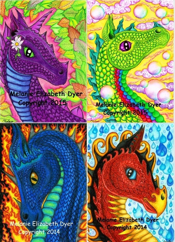 Items similar to Earth, Air, Fire and Water Dragons Art Print A4 size ...