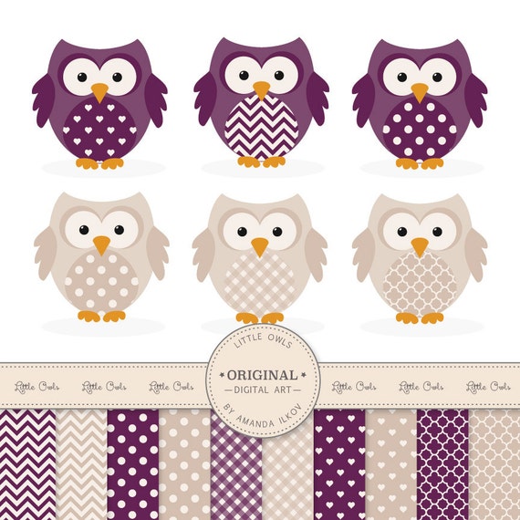 Premium Owl Clipart Vectors & Digital Papers Plum by AmandaIlkov