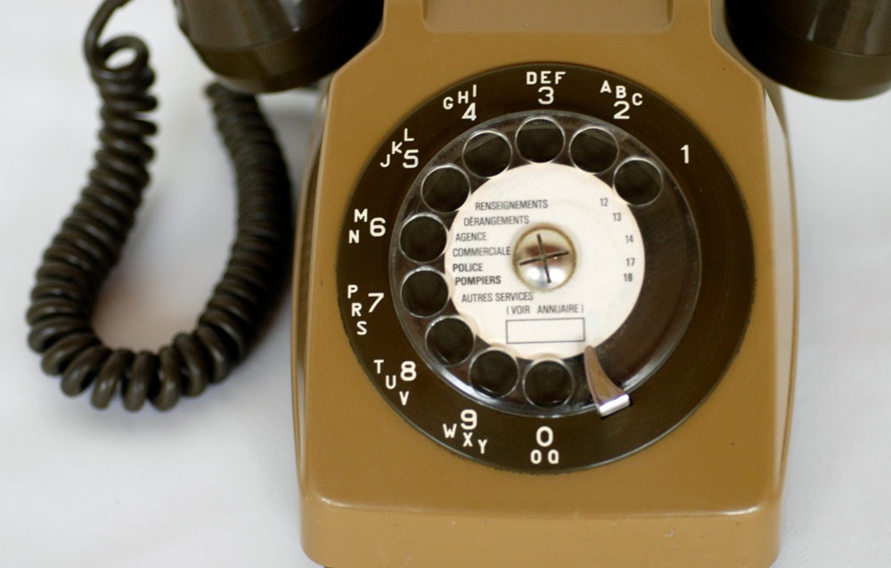 French vintage retro rotary telephone / retro brown olive green two ...