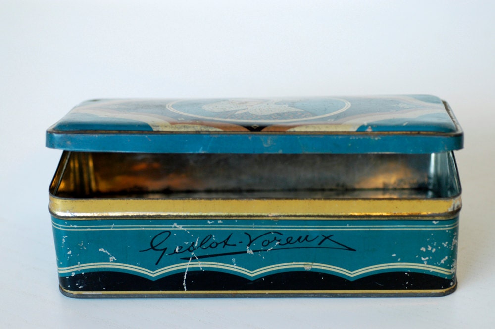 French tin / vintage metal biscuit box / GESLOT VOREUX lithograph ...