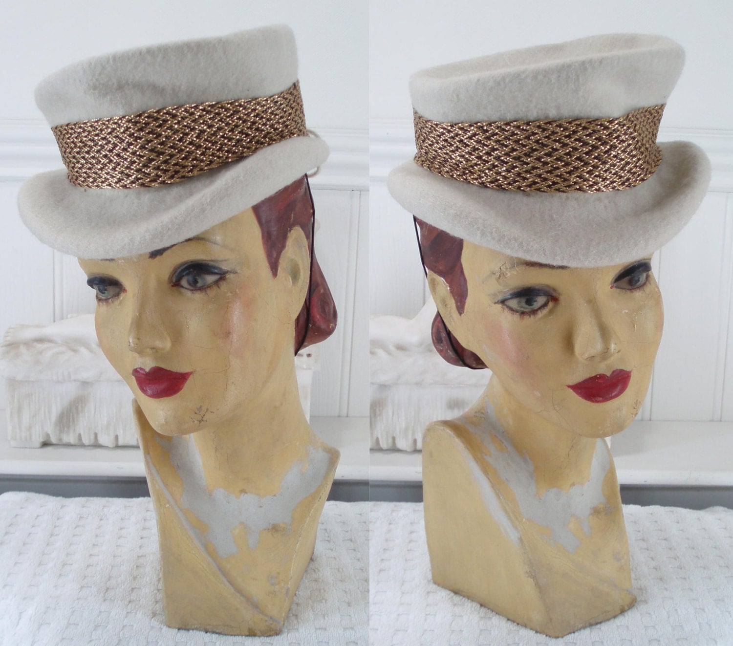 Tilt Topper Hat Young Towners Beige Felt Front Gold Thread band . 1940 ...