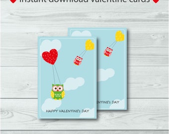 kids printable owls valentines card , flying owls with heart balloons ...