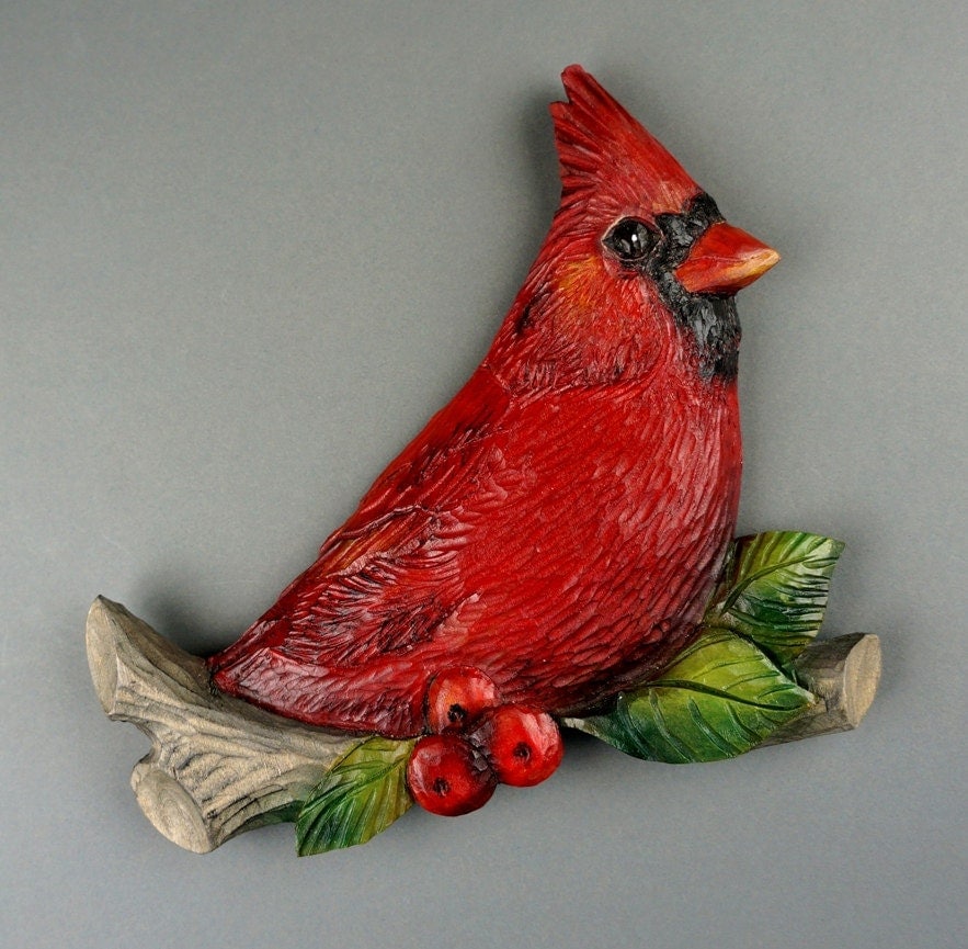Cardinal Red carved Sculpture on wood Art Wall Art by DavydovArt