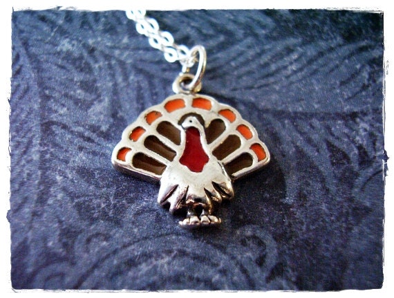 Silver Turkey Necklace Enameled Sterling Silver Turkey Charm