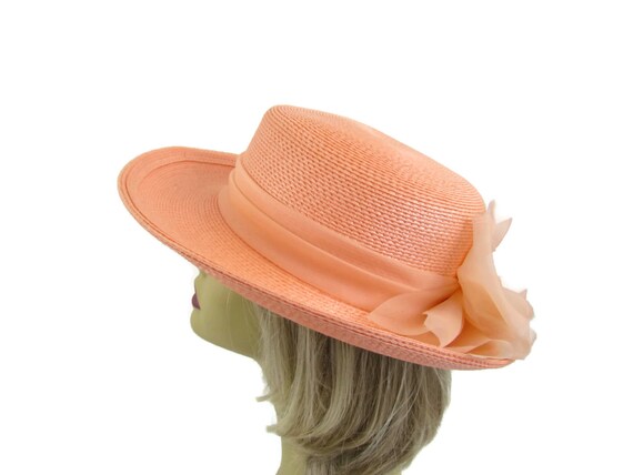 Ladies Church Hat Summer Hats Peach Straw Hat Upturned Brim
