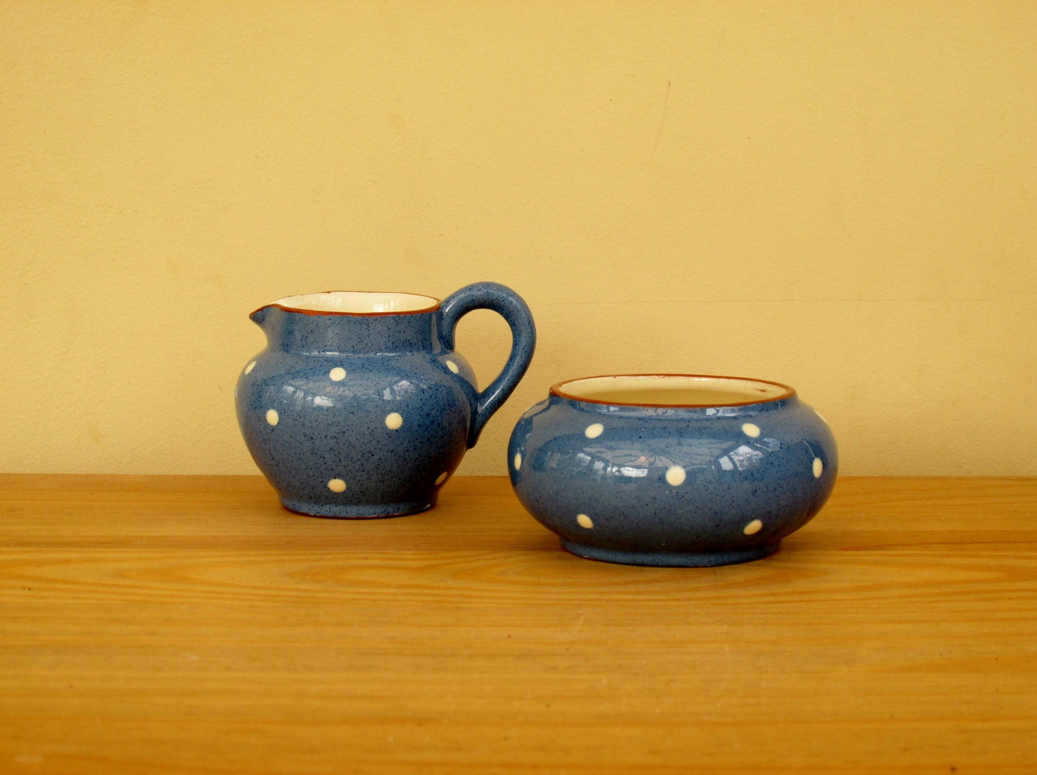 1950s Blue Polka Dot Sugar Bowl and Creamer Jug Pitcher Motto Ware ...