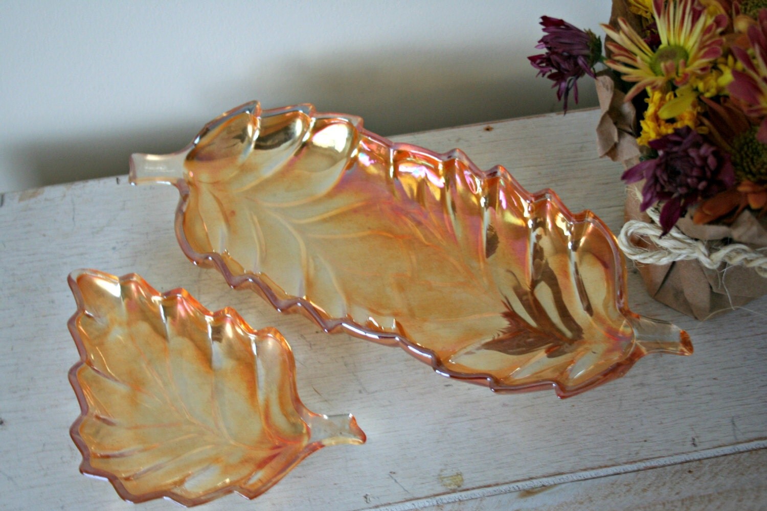 Carnival Glass Leaf Dishes, Set of 2 Leaf Dishes, Iridescent Marigold Orange Dish, Autumn Leaves ...