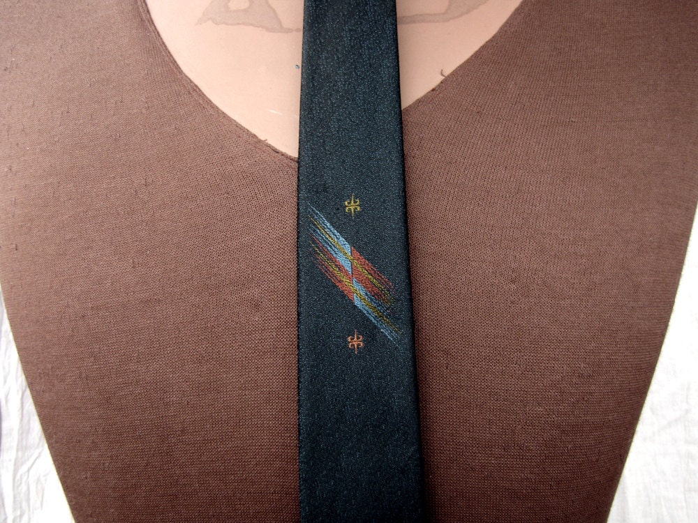 vintage skinny tie – 1950s 1960s dark blue tie with geometric details ...