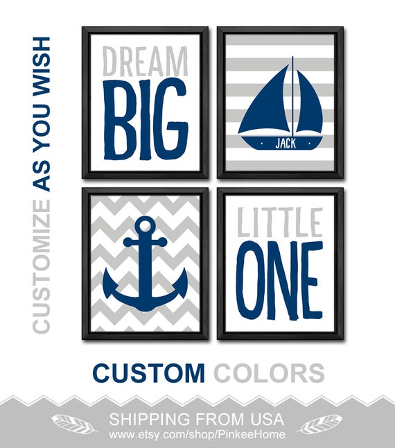 Items similar to nautical nursery wall art navy grey kids room decor ...
