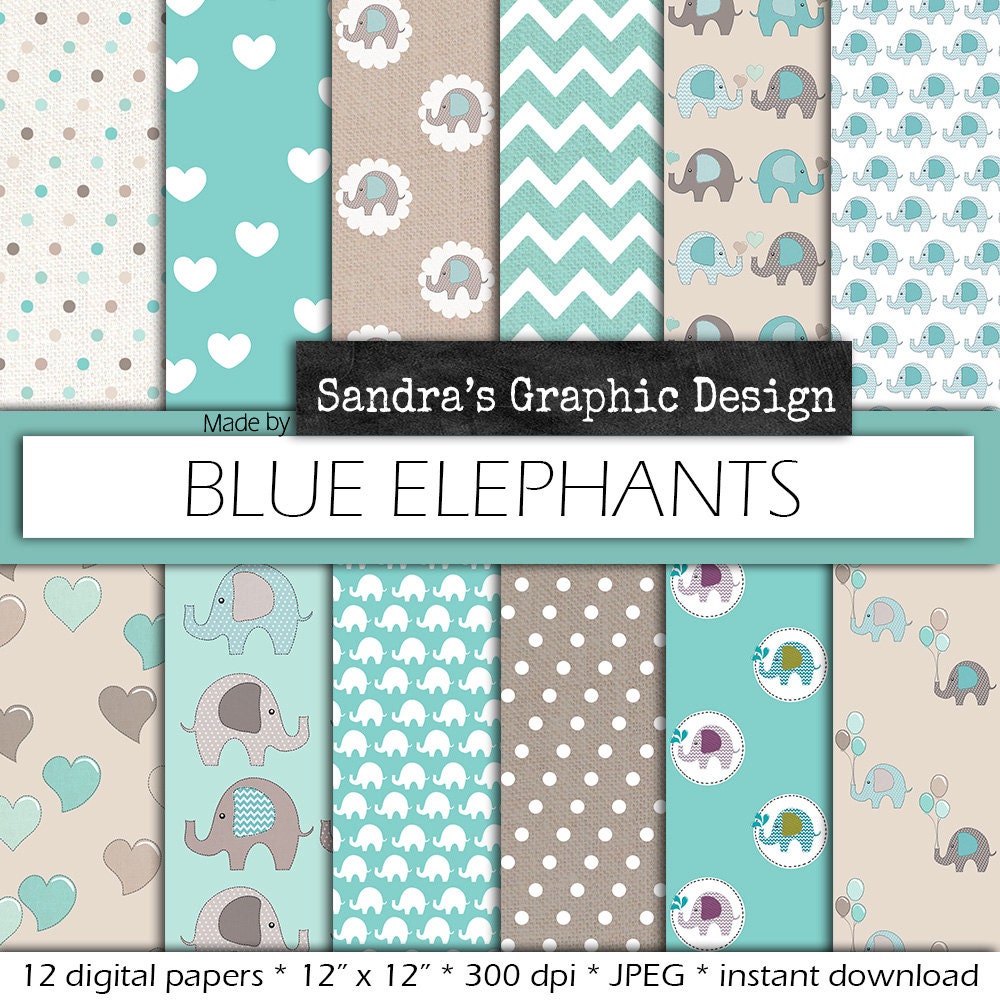 Digital paper: “BLUE ELEPHANTS” in pretty colors and patterns,12 JPEG ...