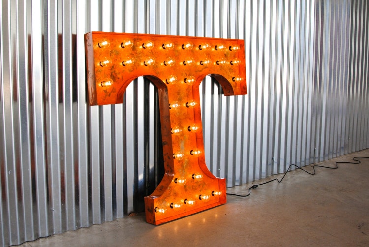 UT Power T weathered metal letter light in by ElementalArthouse