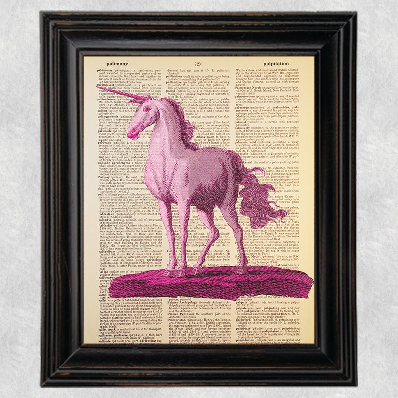 Vintage Pink Unicorn Illustration Dictionary Art Print