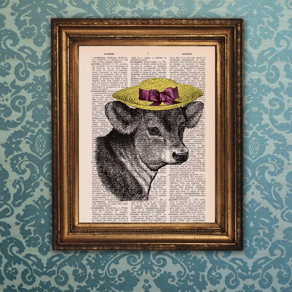 Dictionary Print: Vintage Cow with Hat Dictionary Page Art