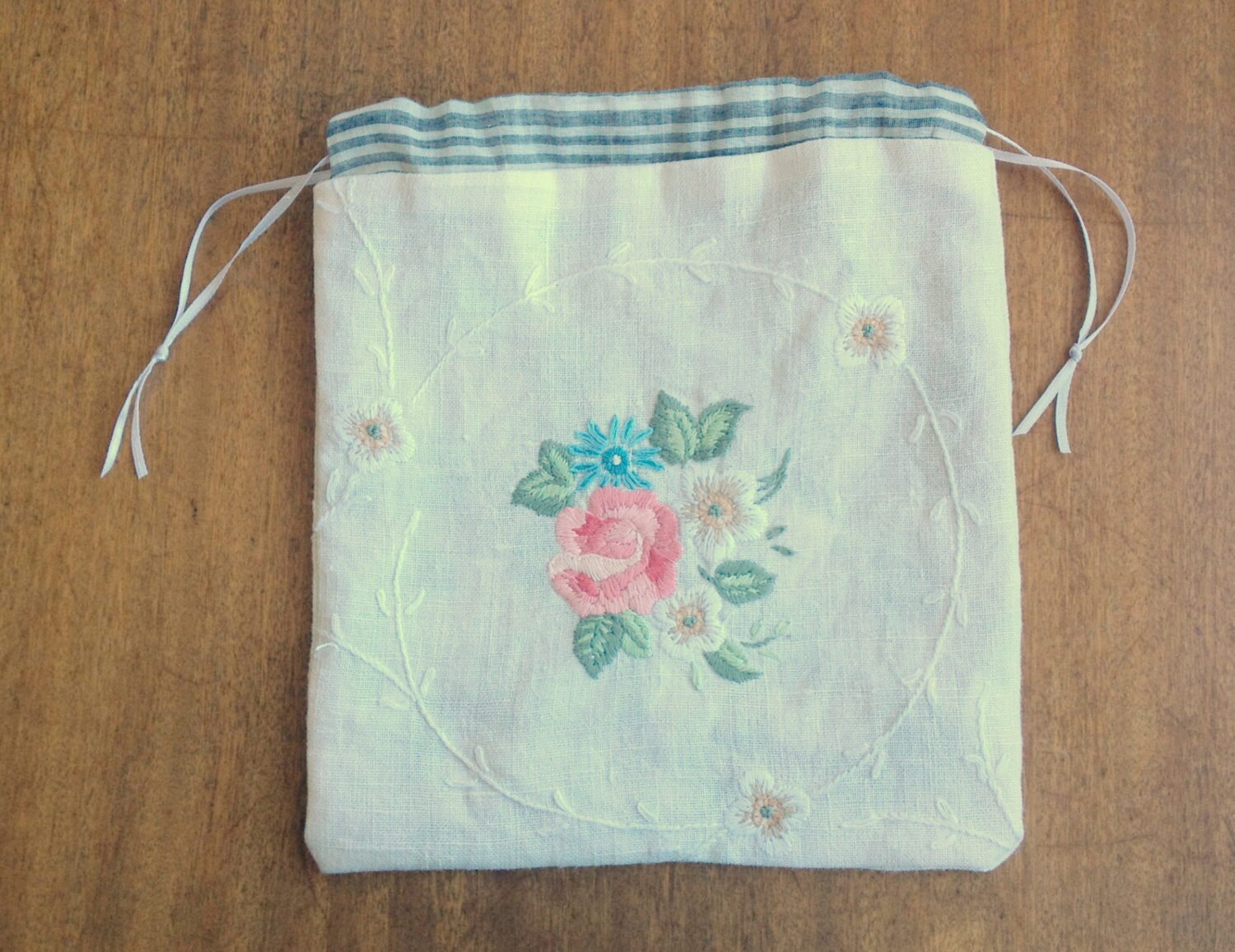 circled roses a linen drawstring pouch or project bag