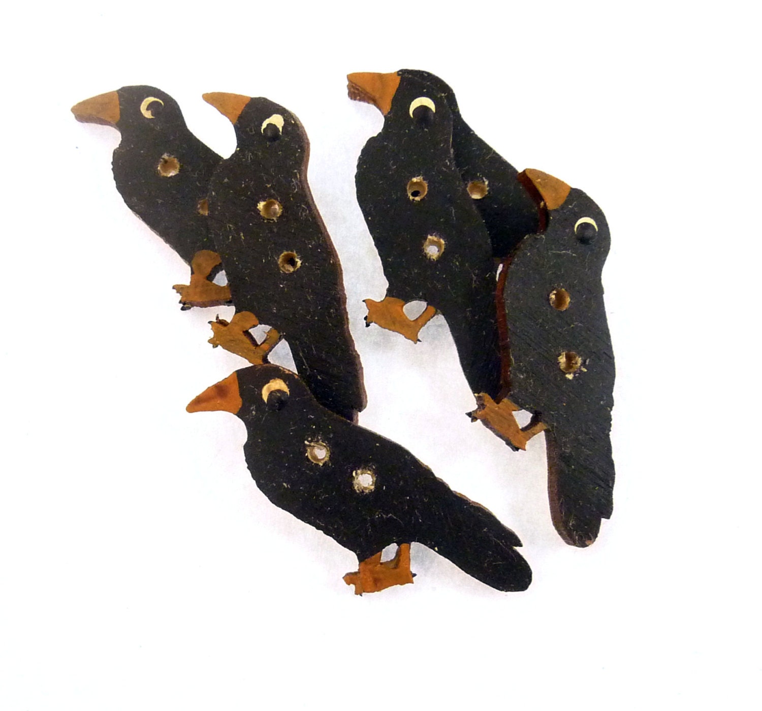 6 Primitive Wooden Crow Decorative Sewing Craft Buttons.