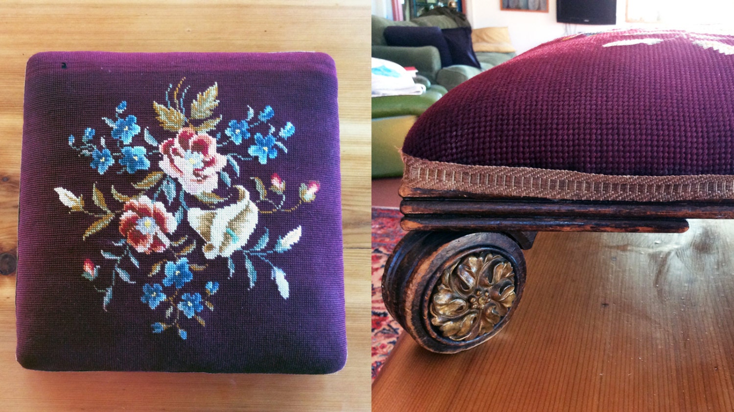 Antique Victorian Foot Stool with Medallion Feet, Embroidered ...