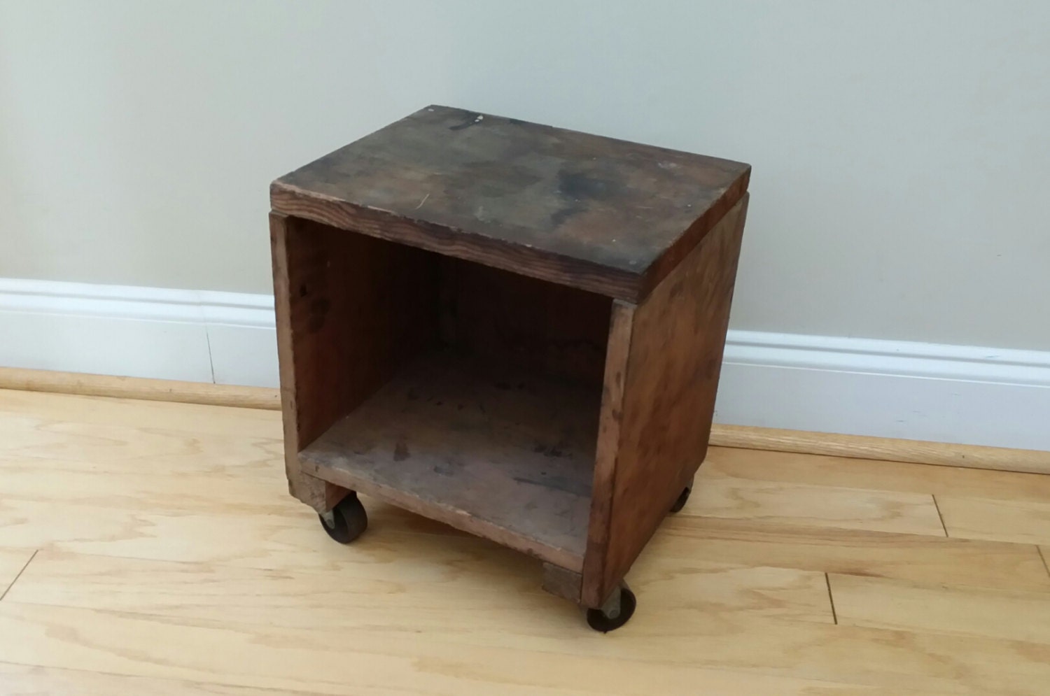 Vintage Rustic Wooden Box Stool End Table Ottoman Shelf on Wheels ...