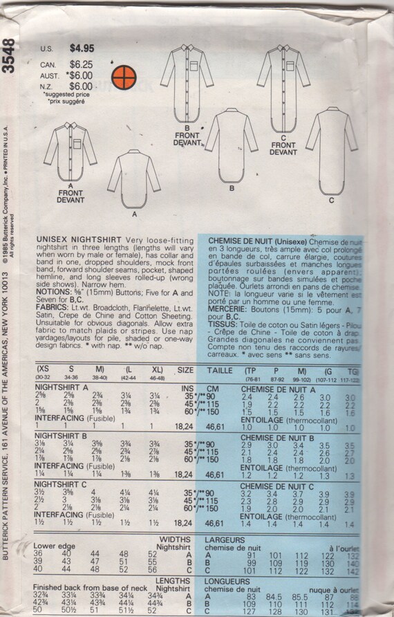 1980s Butterick 3548 Unisex Nightshirt Pattern Mens Womens