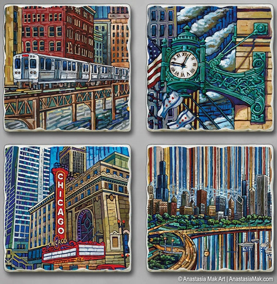 Chicago coasters Chicago coaster set Chicago by AnastasiaMak